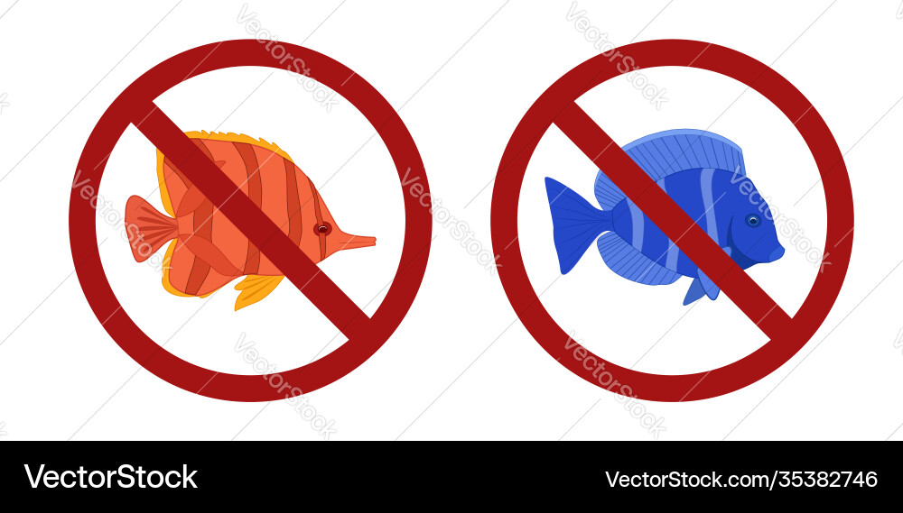 Set tropical fish in prohibition sign Royalty Free Vector