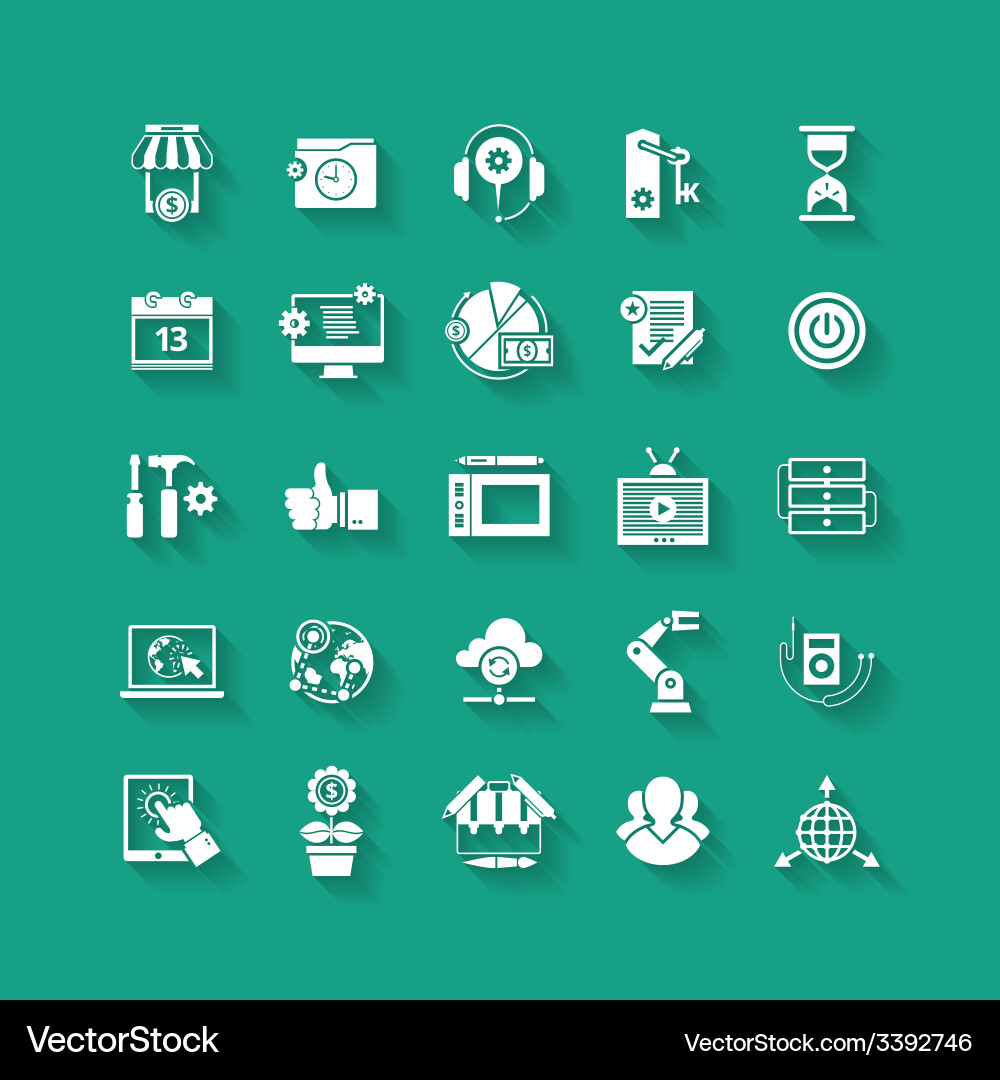White flat icons set with long shadows business Vector Image