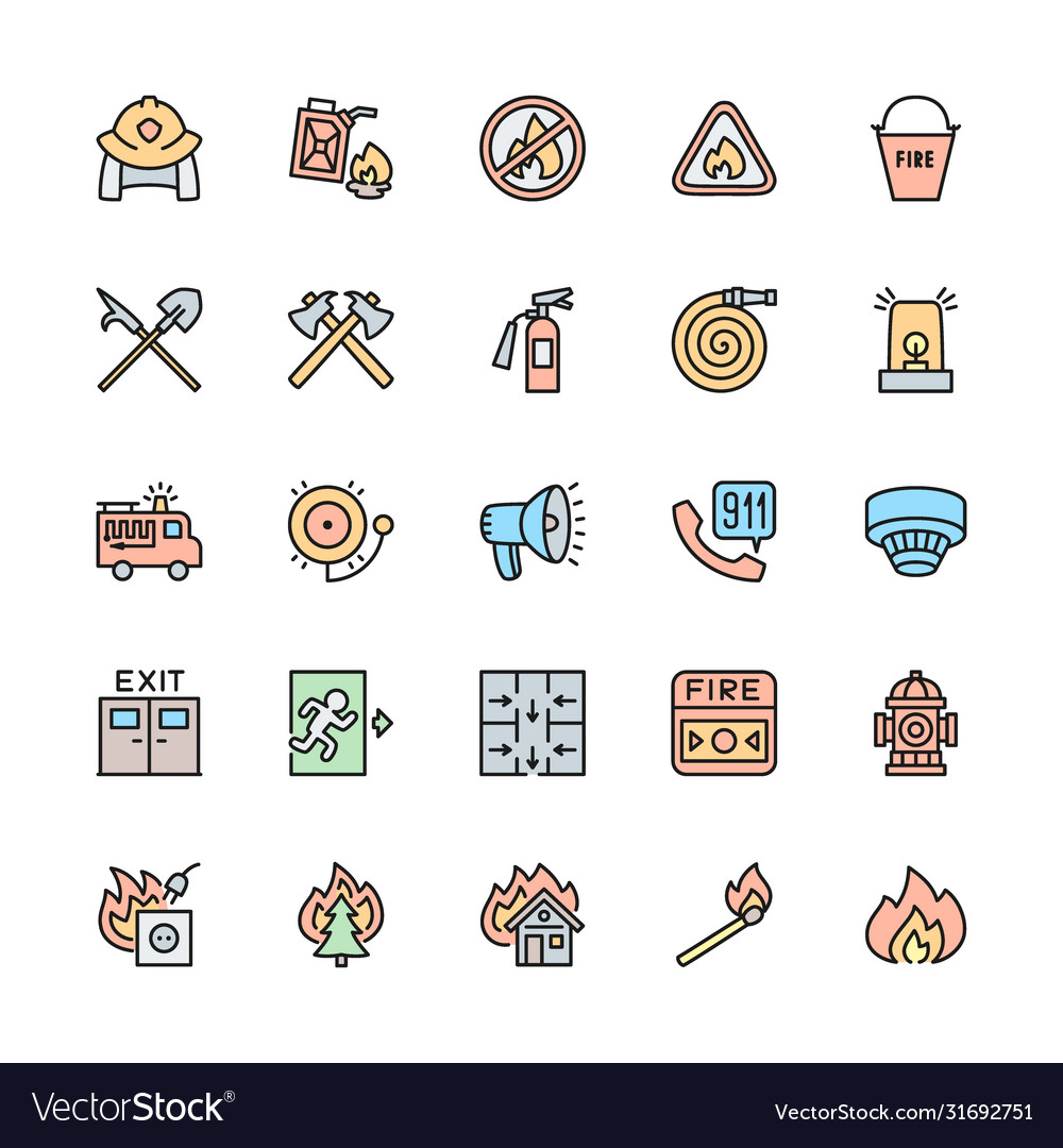 Set firefighter color line icons fireman Vector Image