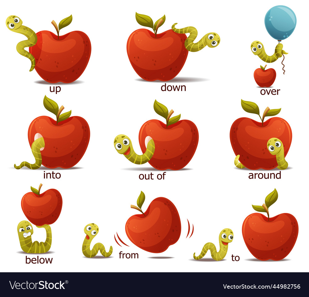 Red apple with green worm as english preposition Vector Image