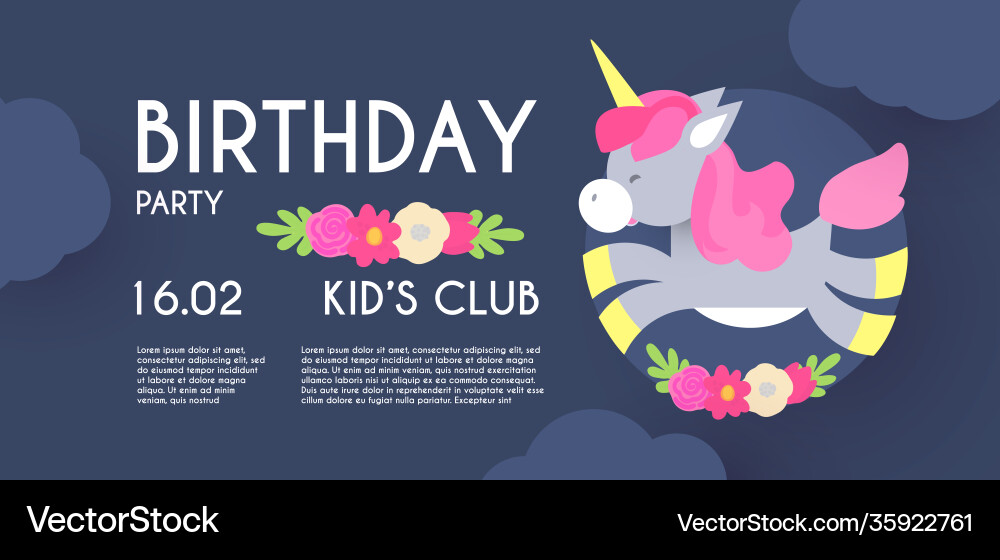 Kid birthday flyer template cute unicorn Vector Image