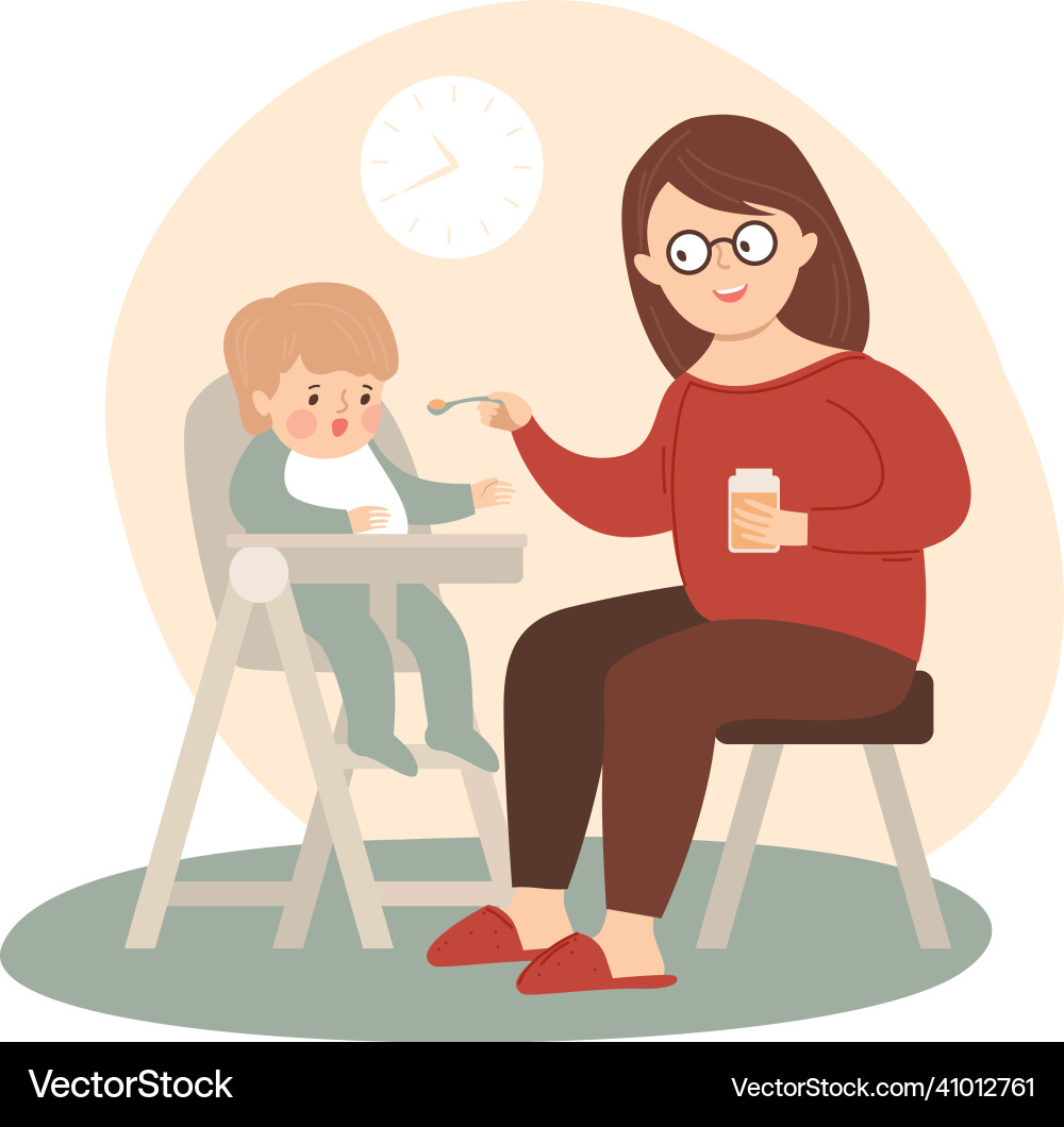 Mother is feeding her baby the first solid food Vector Image