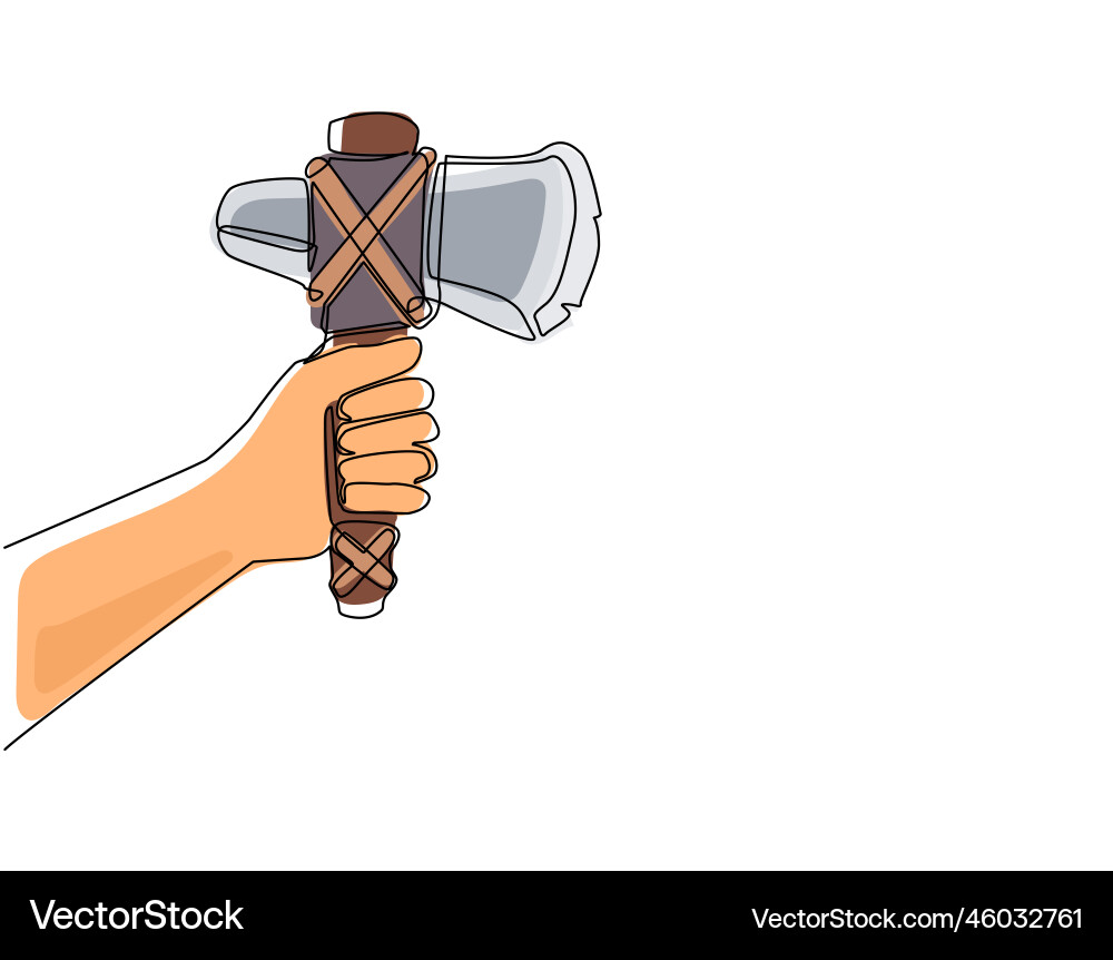 Single one line drawing hand holding stone axes Vector Image