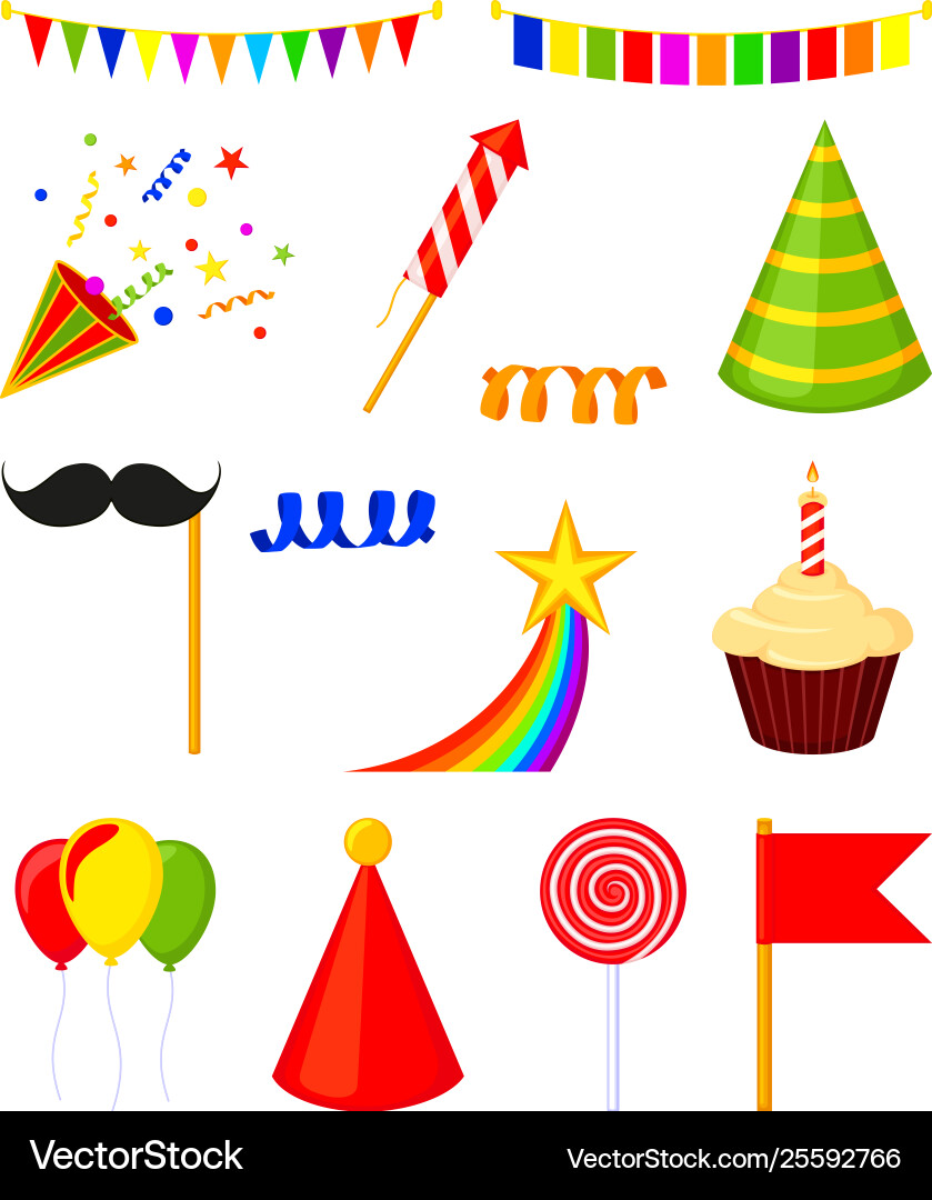 14 colorful cartoon party elements set Royalty Free Vector