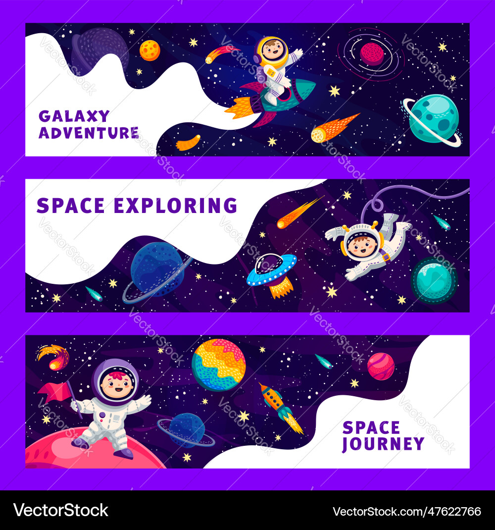 Cartoon space banners funny astronauts Royalty Free Vector