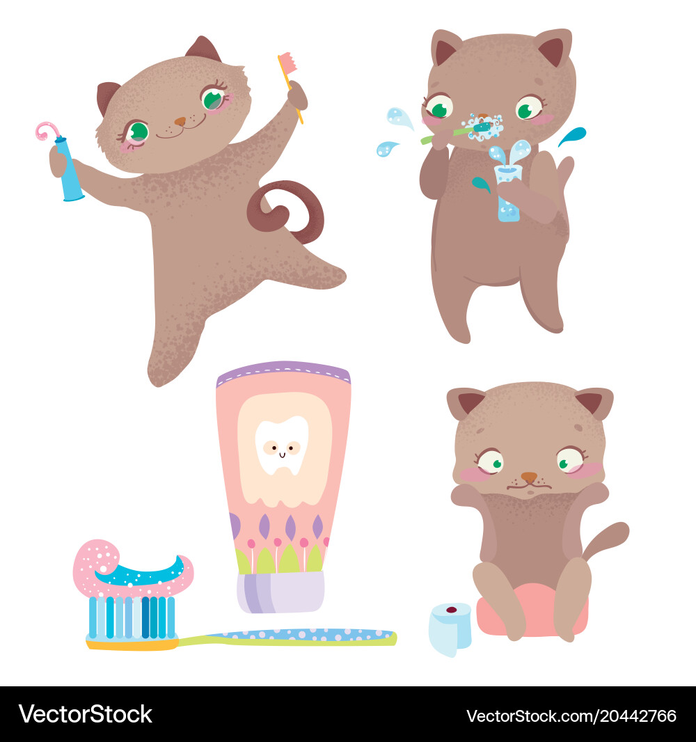 Cute cartoon cat morning routine Royalty Free Vector Image