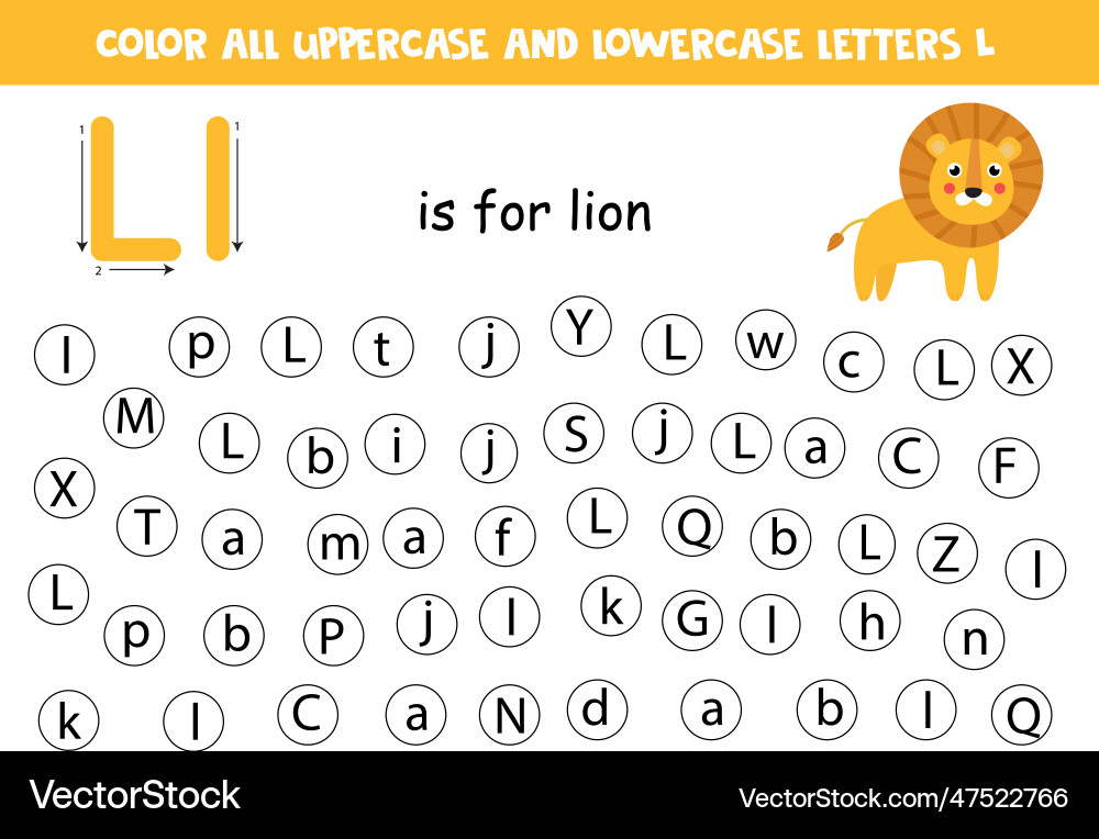 Dot all letters l educational worksheet Royalty Free Vector