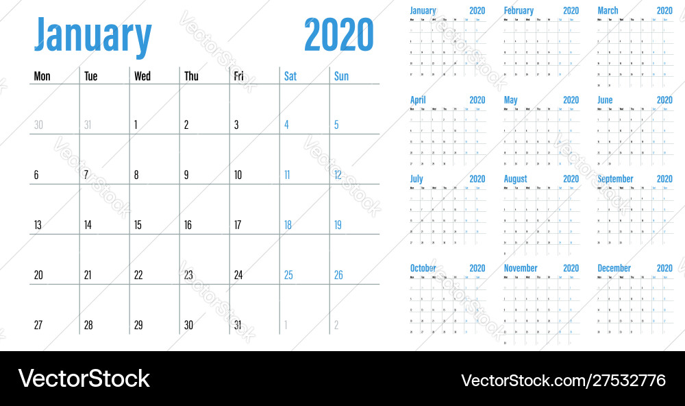 Calendar planner 2020 template Royalty Free Vector Image
