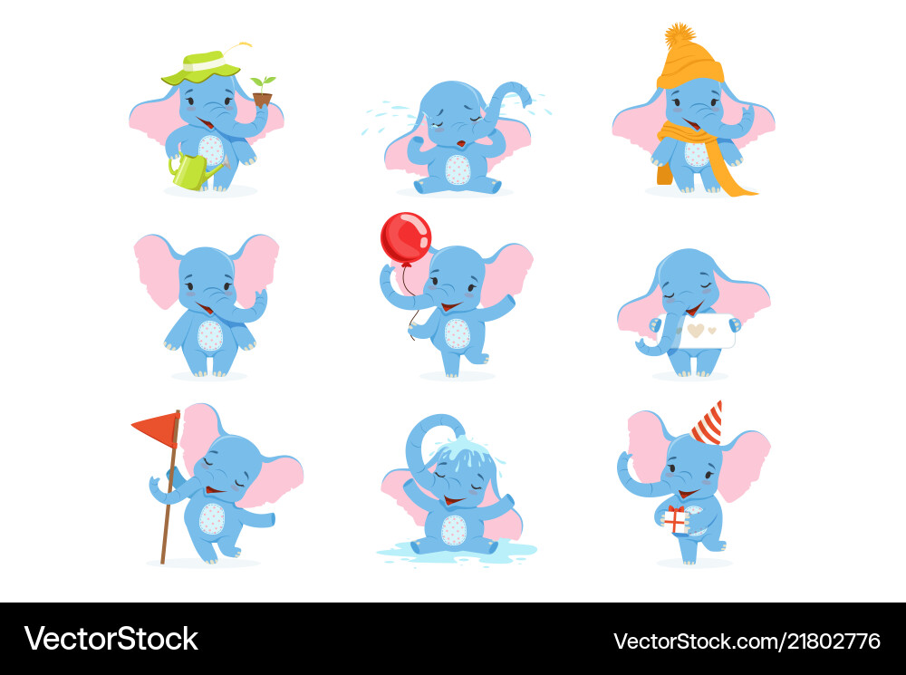 Cute elephant character set funny baby Royalty Free Vector