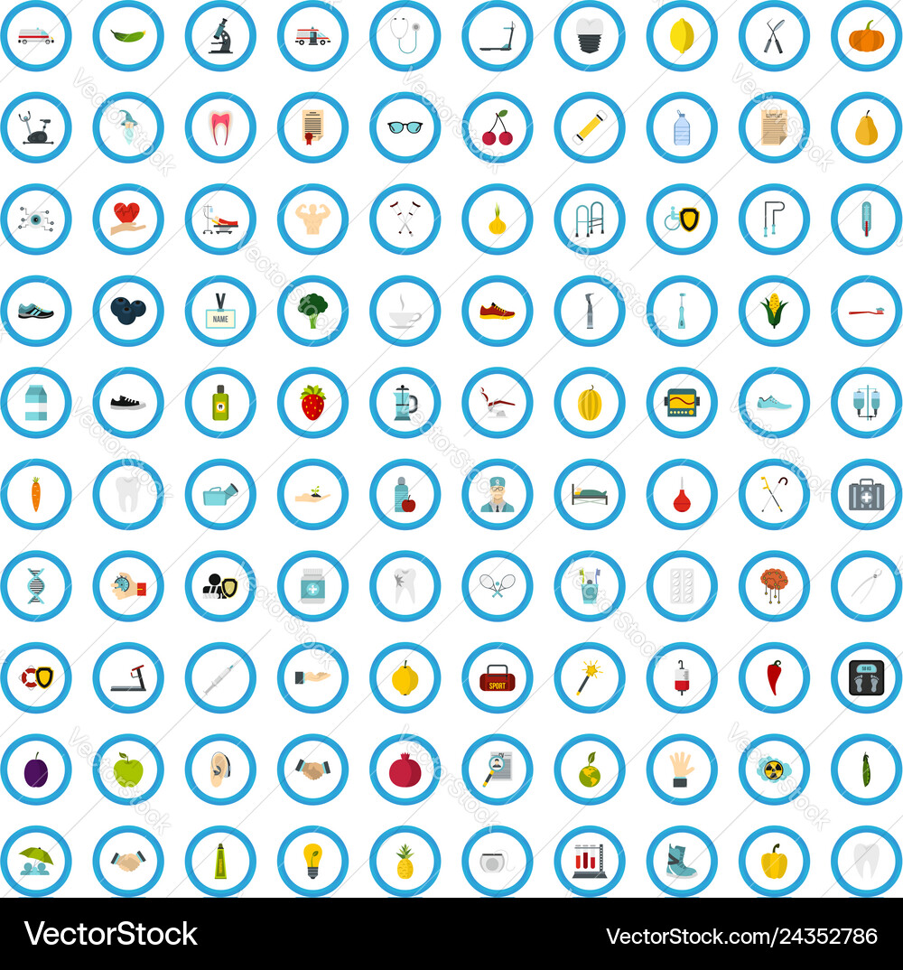100 health training icons set flat style Vector Image