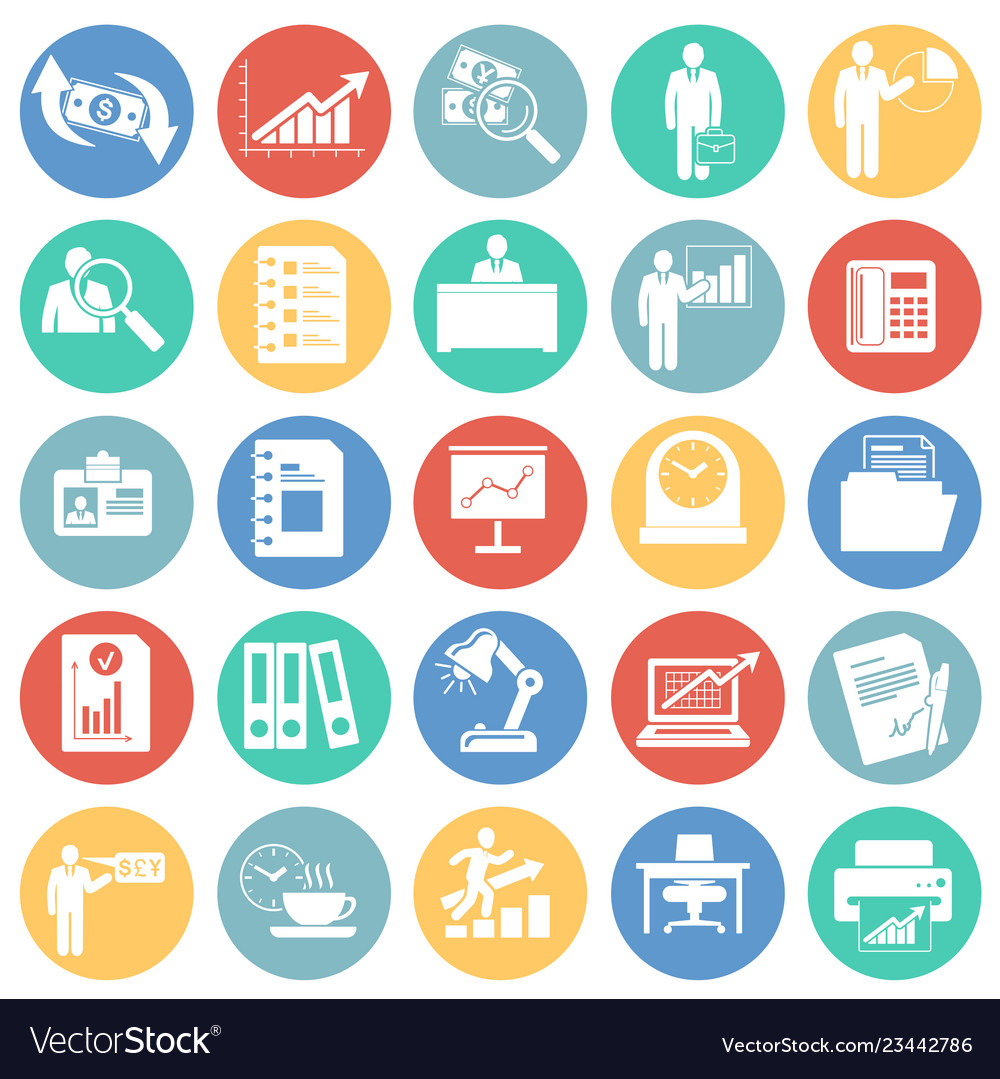 Business icons set on color circles background Vector Image