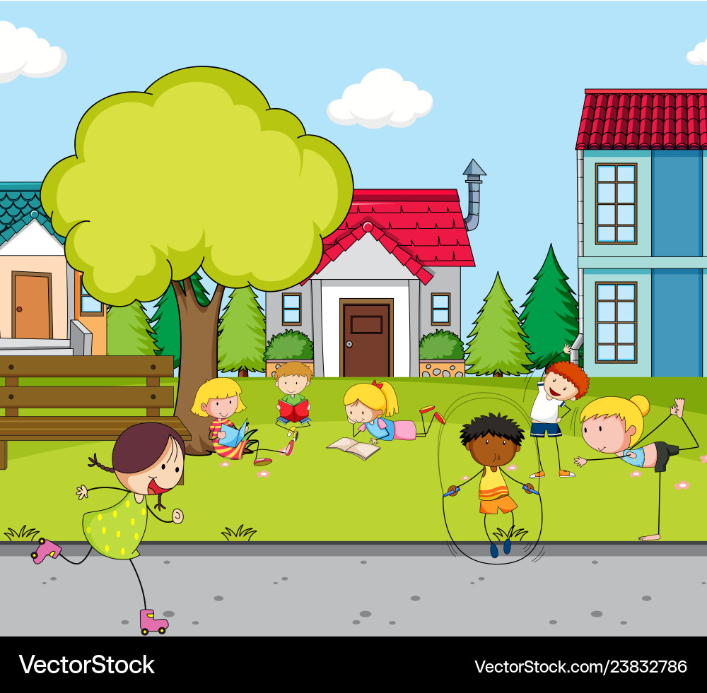 Children playing at house field Royalty Free Vector Image