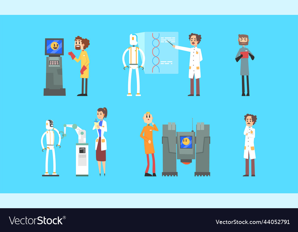 Engineers creating and programming robots set Vector Image Engineers creating and programming robots set Vector Image