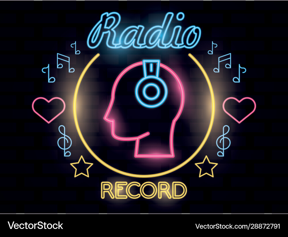 Radio music record label neon lights Royalty Free Vector
