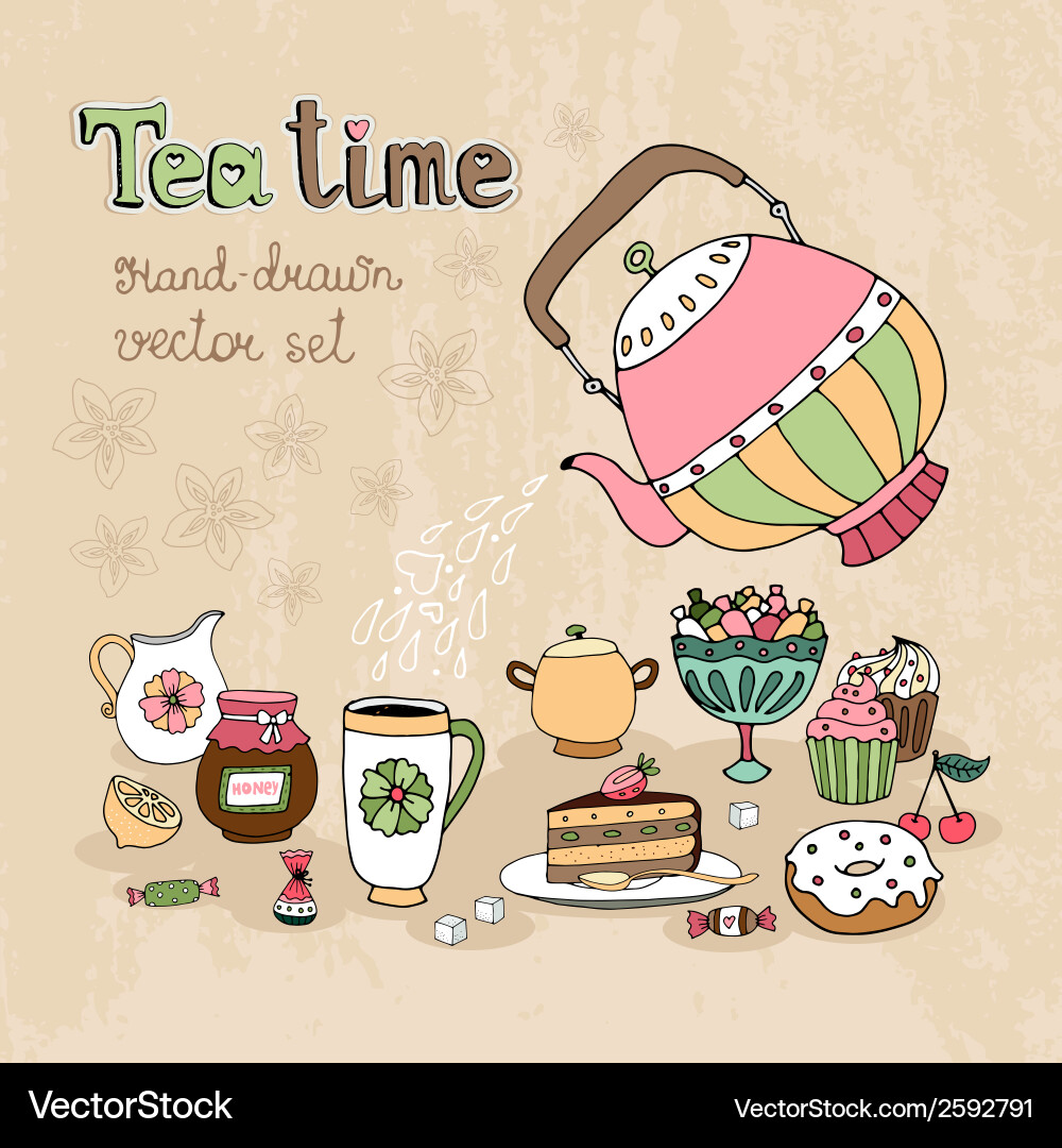 Set of hand drawn teatime design elements Vector Image