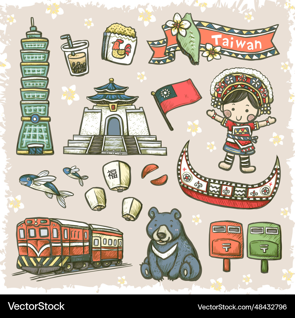 Lovely hand drawn style taiwan specialties Vector Image