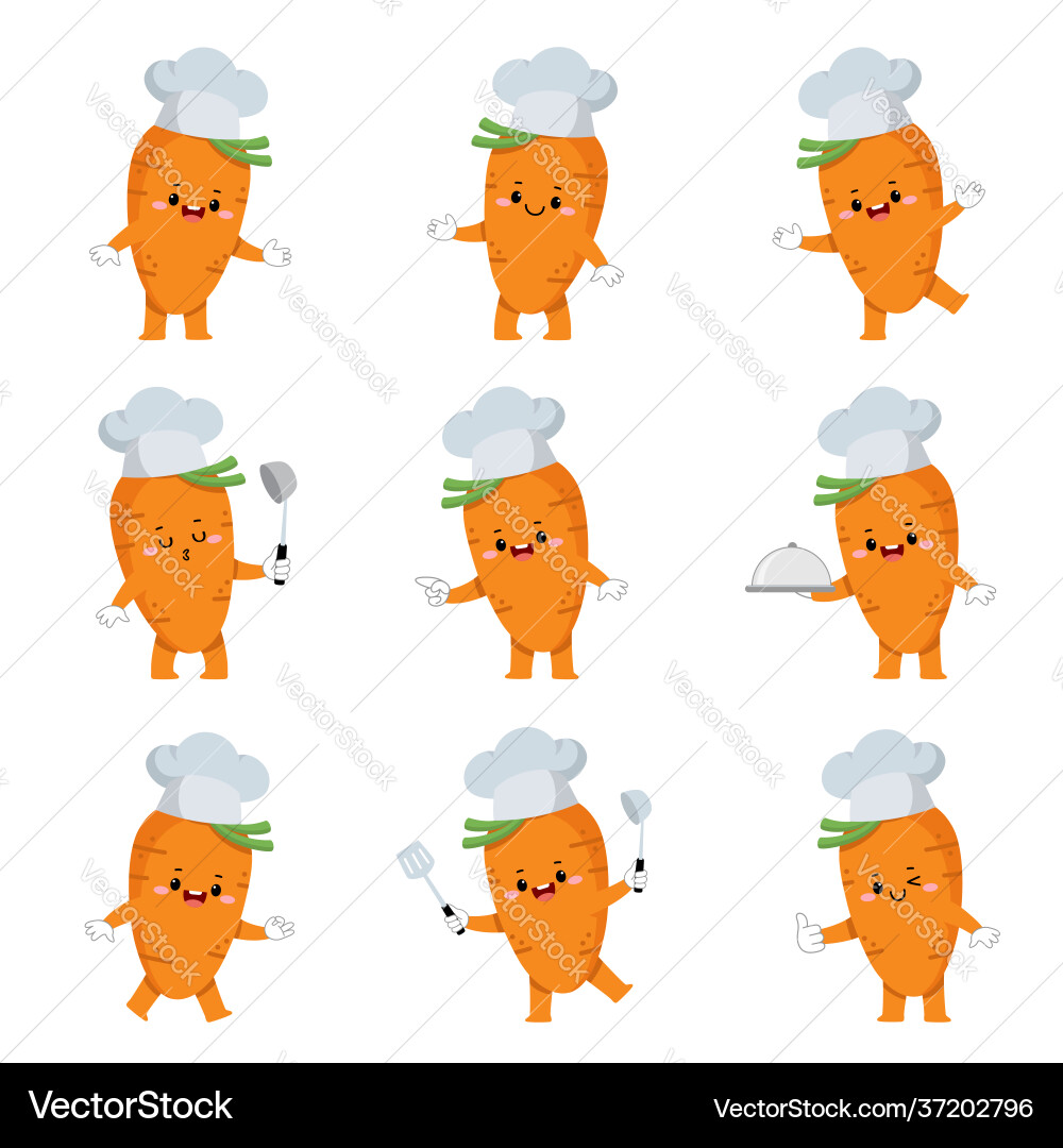 Set cute carrot chef cartoon characters Royalty Free Vector