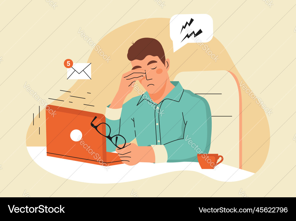 Young guy is working on a laptop tired character Vector Image