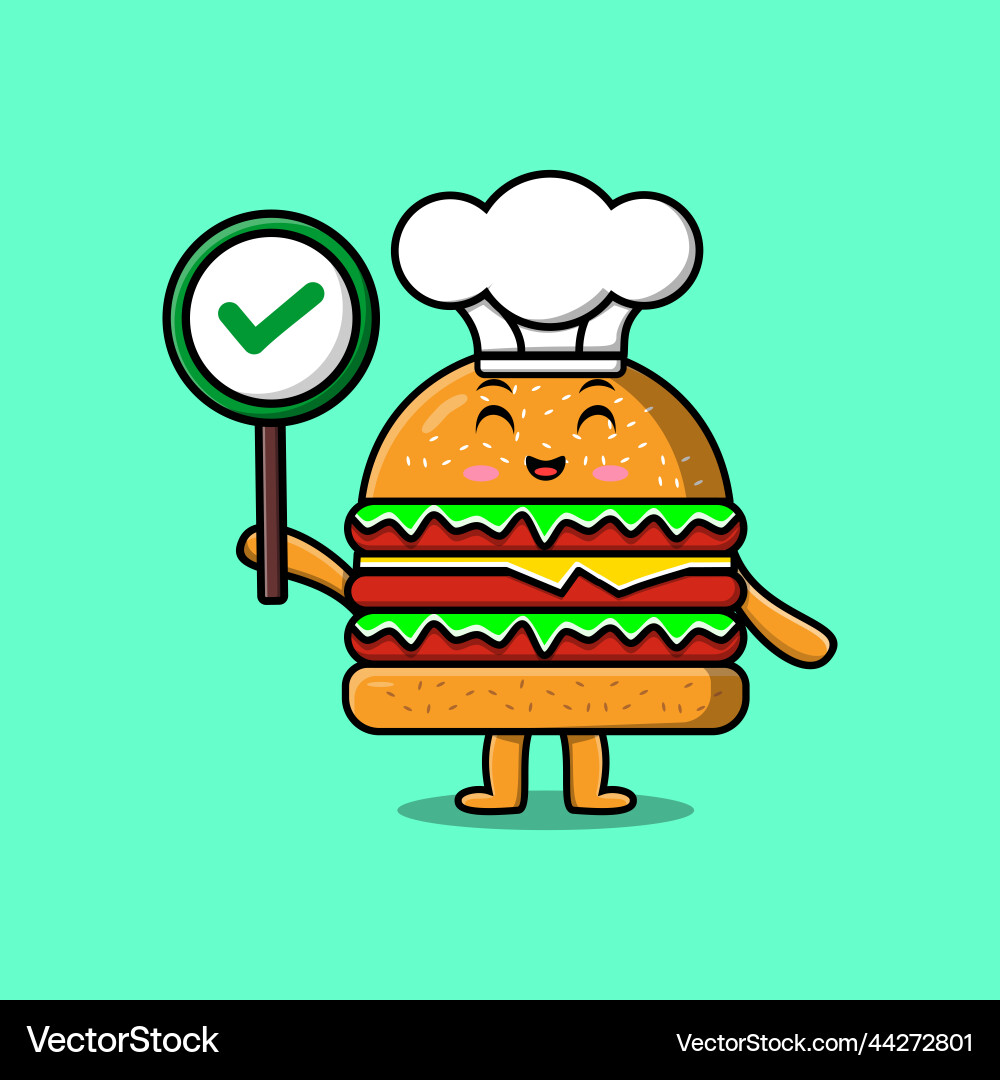 Cute cartoon burger chef hold correct sign board Vector Image