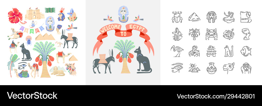 Egyptian symbols set in different style hand Vector Image