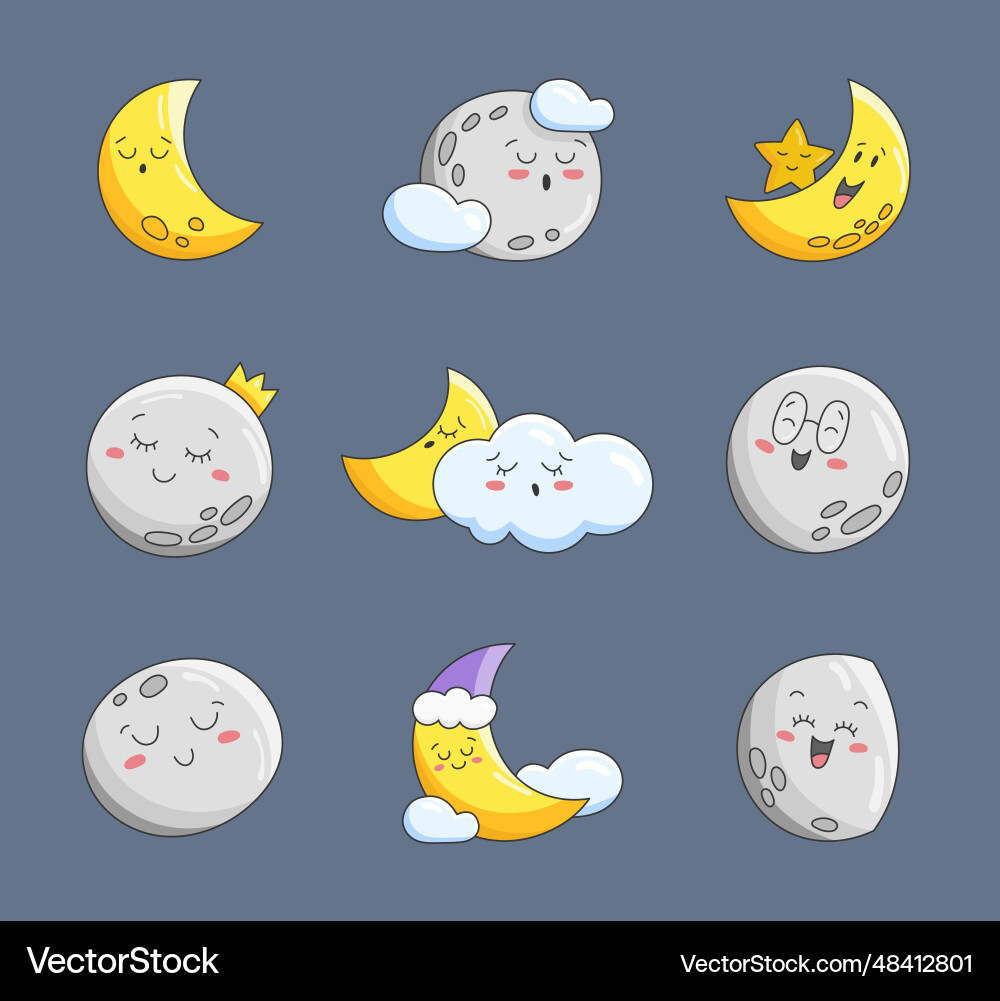 Moon cute kawaii character dream space night sky Vector Image
