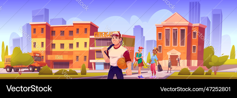 School building on town street background Vector Image
