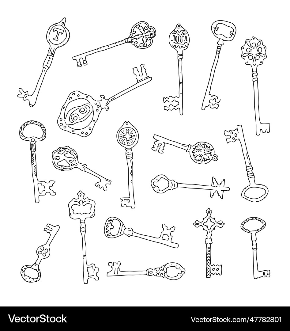 Vintage key doodle collection set of different Vector Image