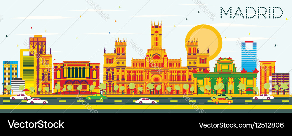 Madrid skyline with color buildings Royalty Free Vector