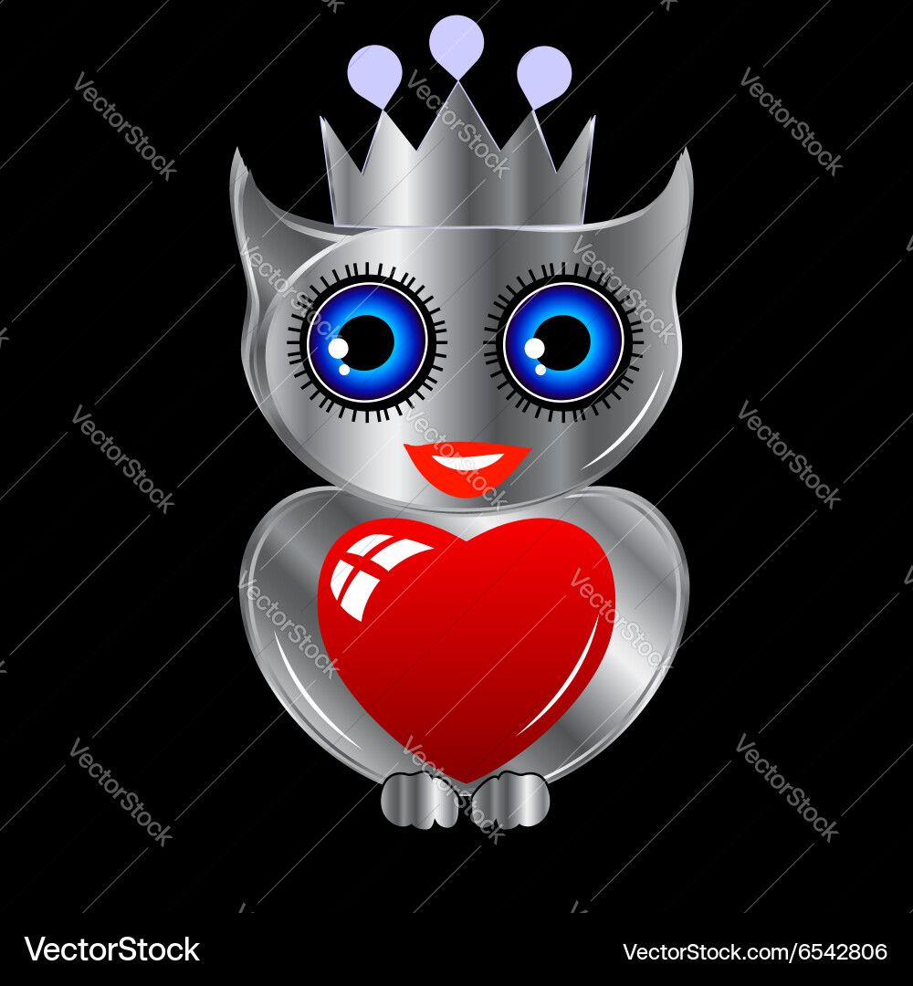 Pretty silver owl with a red heart and crown Vector Image