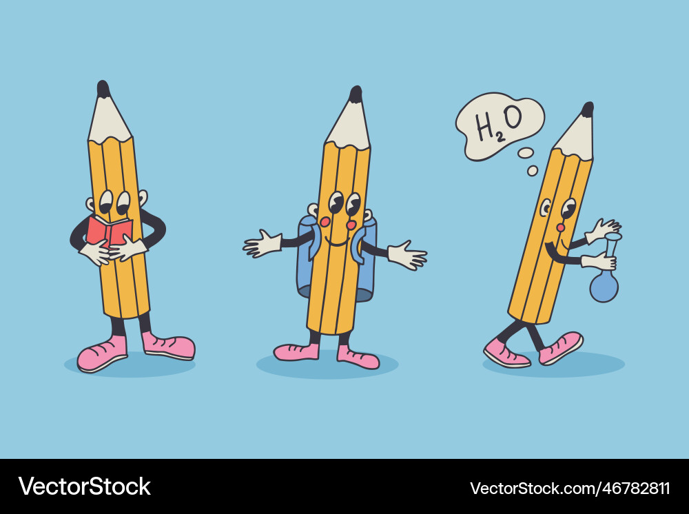 Cartoon retro style pencil characters collection Vector Image