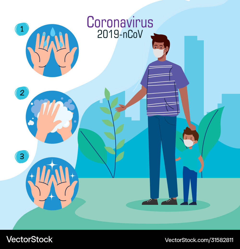 Father and son wearing protective medical mask Vector Image
