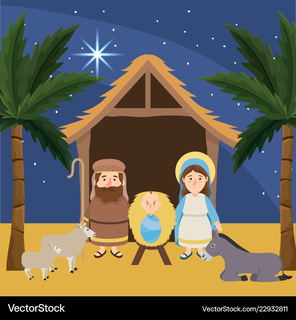Joseph with mary and jesus in manger Royalty Free Vector