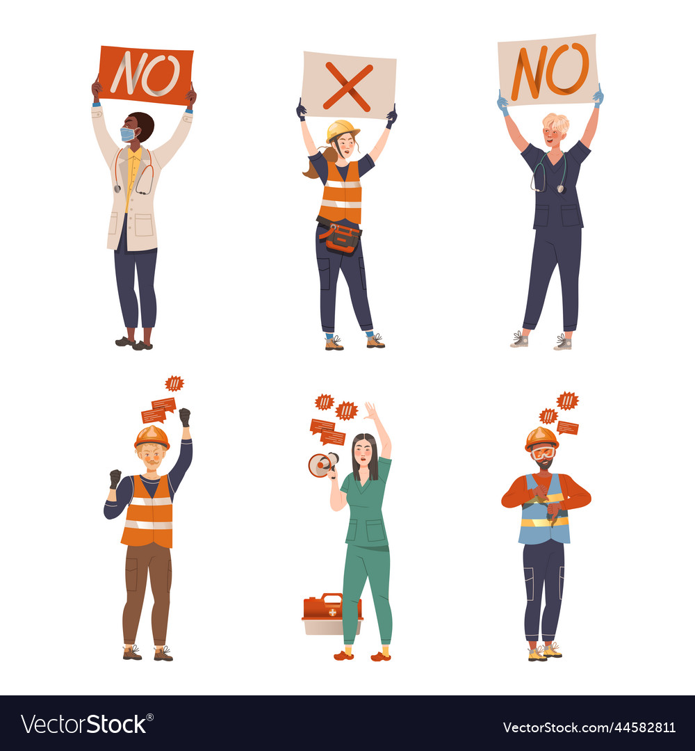 Protesting working class people with placards set Vector Image