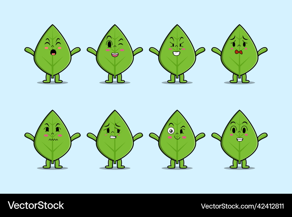 Set kawaii green leaf cartoon different expression