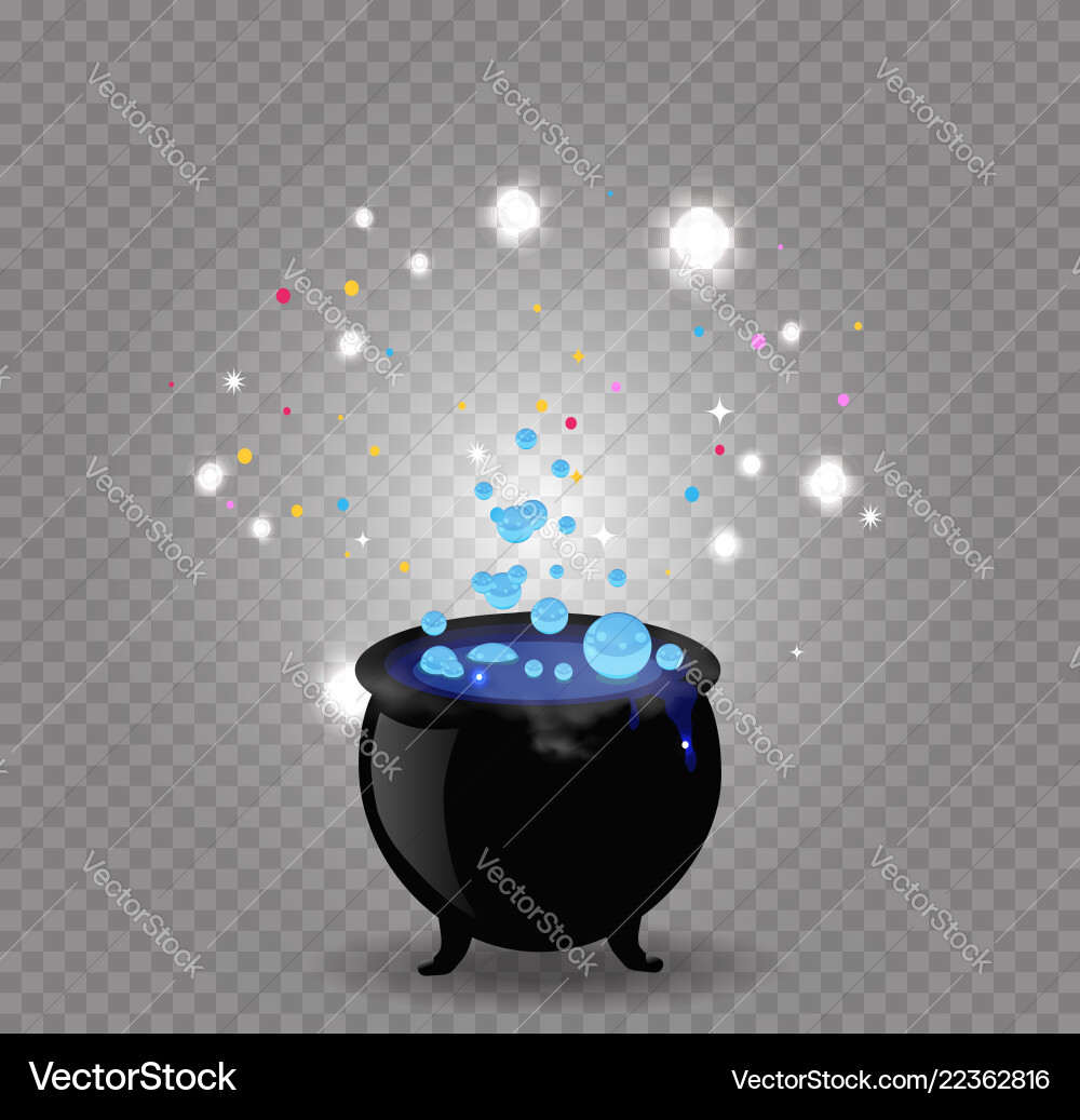 Black witch cauldron with blue sparkling boiling Vector Image