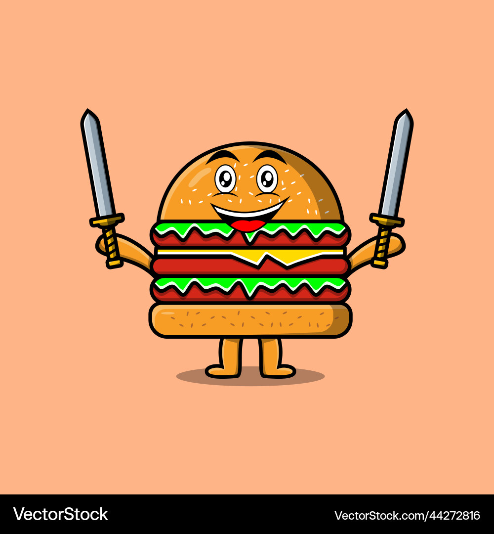 Cute cartoon burger character holding two sword Vector Image