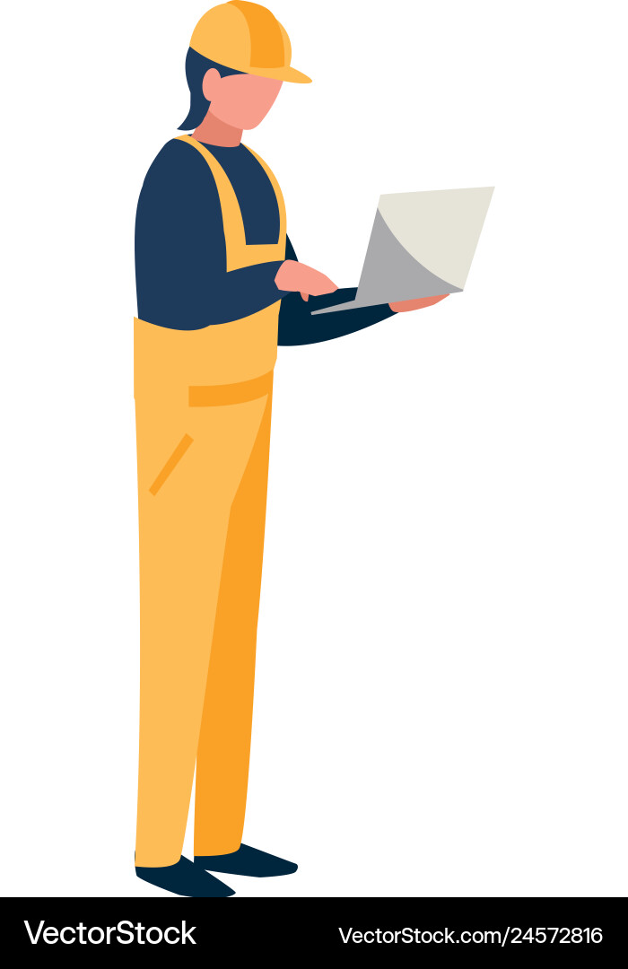 Industrial worker with laptop avatar character Vector Image