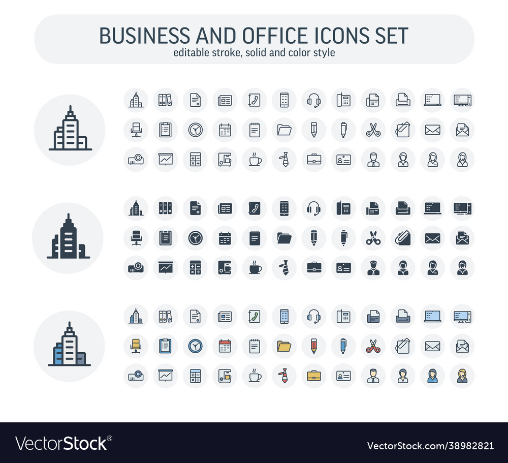 Editable stroke solid color style icons Royalty Free Vector