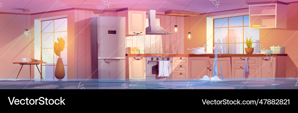 Flood and broken home kitchen room cartoon Vector Image