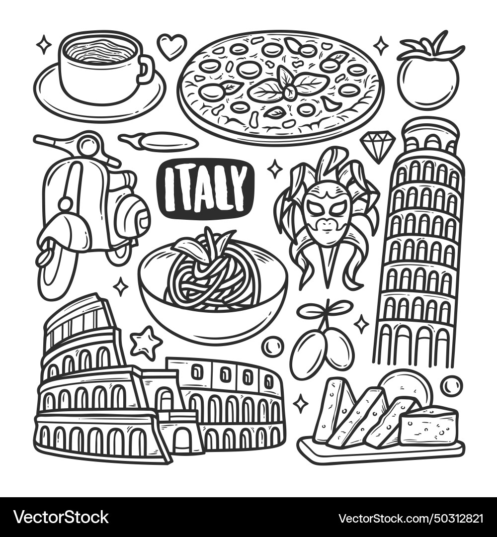 Italy icons hand drawn doodle coloring Royalty Free Vector