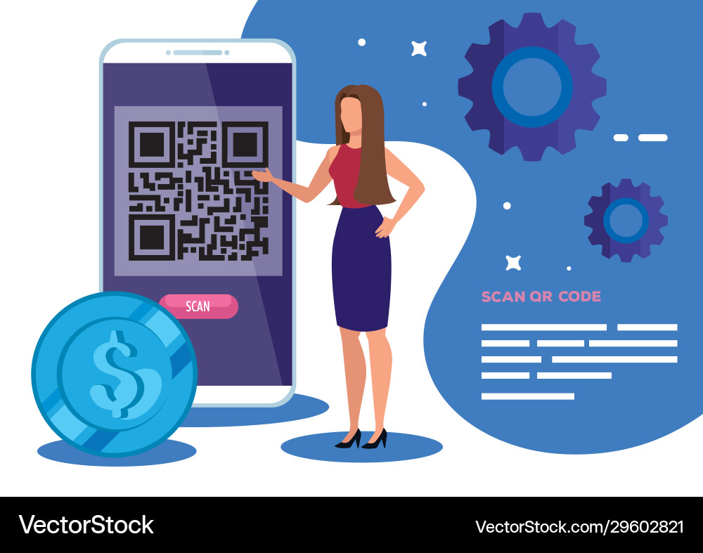 Scan qr code with business woman and icons Vector Image