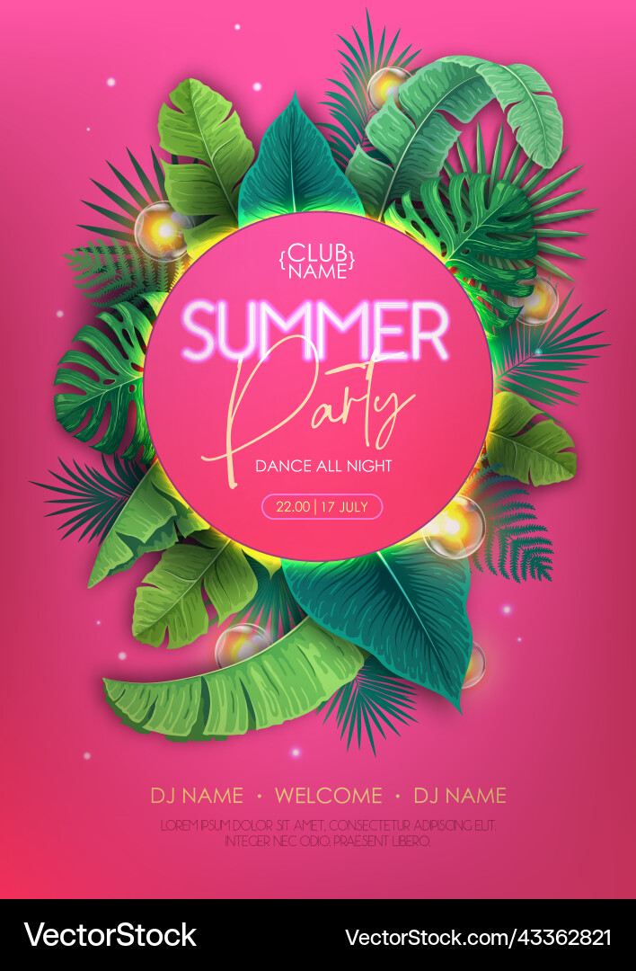 Summer disco party poster with tropic leaves Vector Image