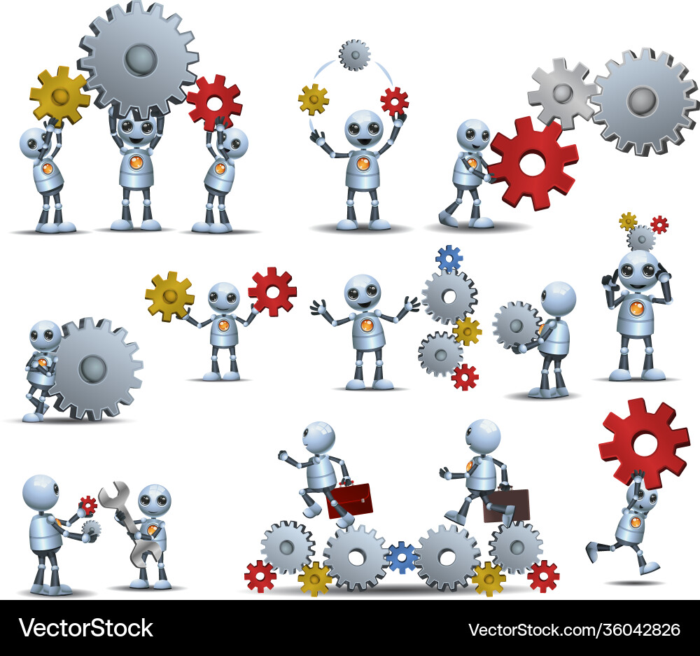 Little robot man working figure cog wheel Vector Image