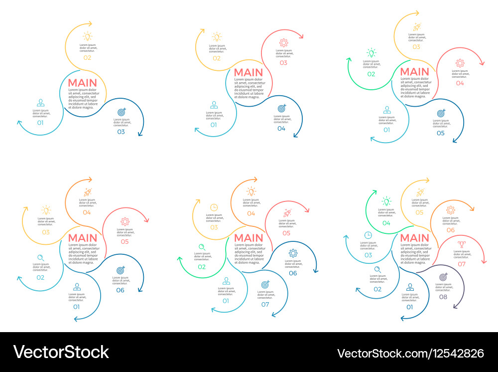 Outline pie charts with 3 - 8 steps arrows Vector Image