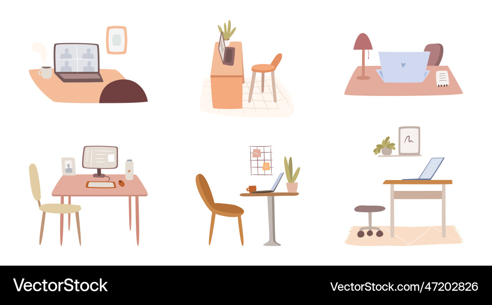 Set of office tables with computers and chairs Vector Image