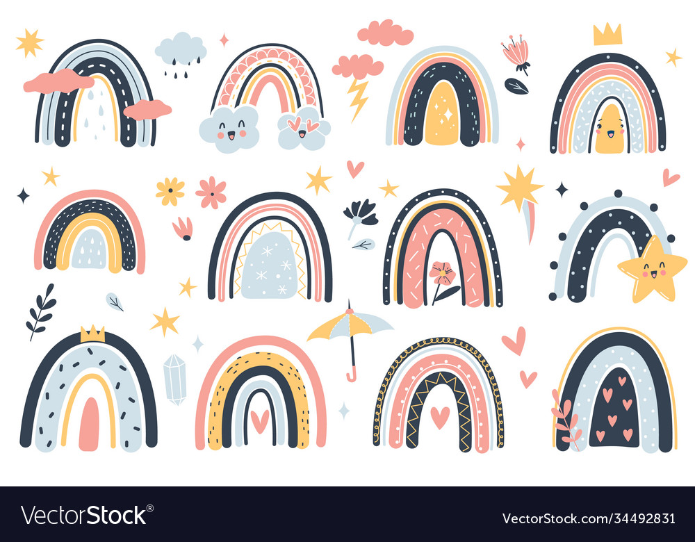 Cute weather elements childish boho rainbows and Vector Image
