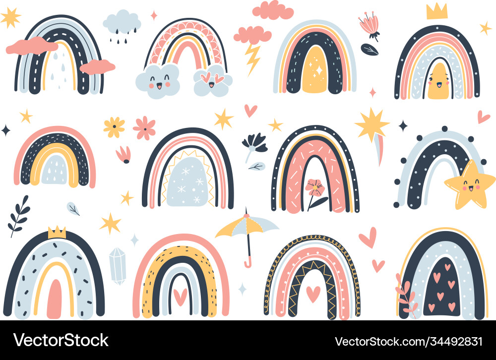 Cute weather elements childish boho rainbows Vector Image