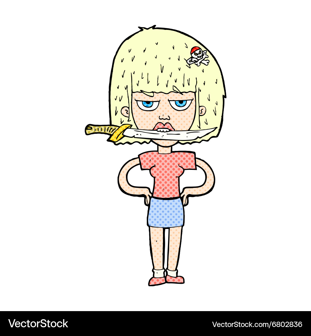 Comic cartoon woman with knife between teeth Vector Image