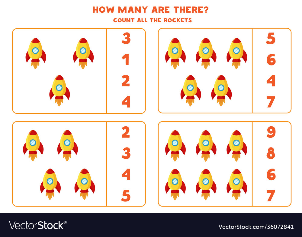 Counting game with cartoon rockets math worksheet Vector Image