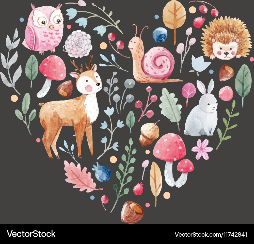 Watercolor heart with animals Royalty Free Vector Image